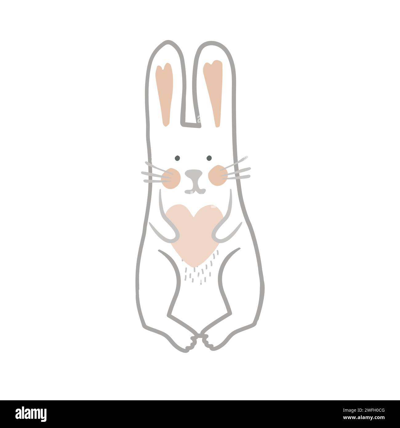 Sweet Hand Drawn Vector Illustration With Cute Little Rabbit Holding A Big Heart Funny Bunny On