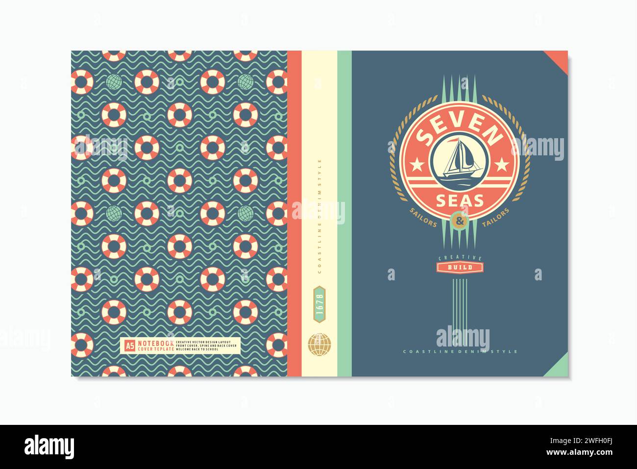 Notes print template with sail boat, life belts and various nautical ...