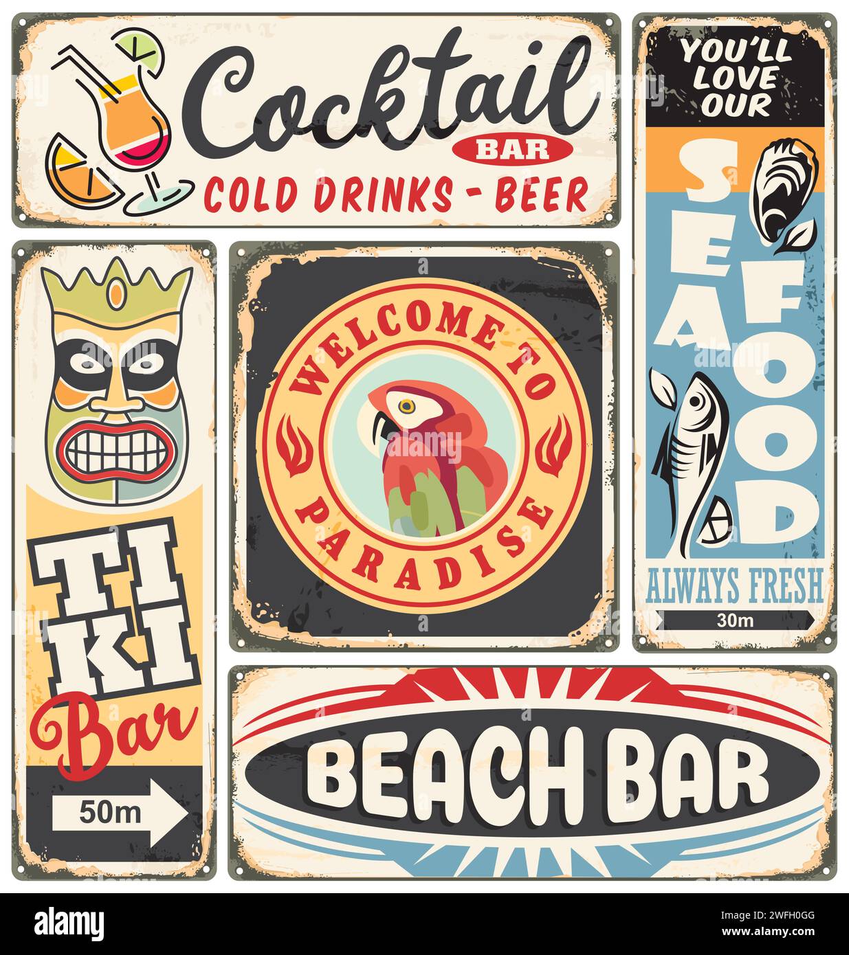 Tropical cafe and beach bar signs collection. Retro posters template ...