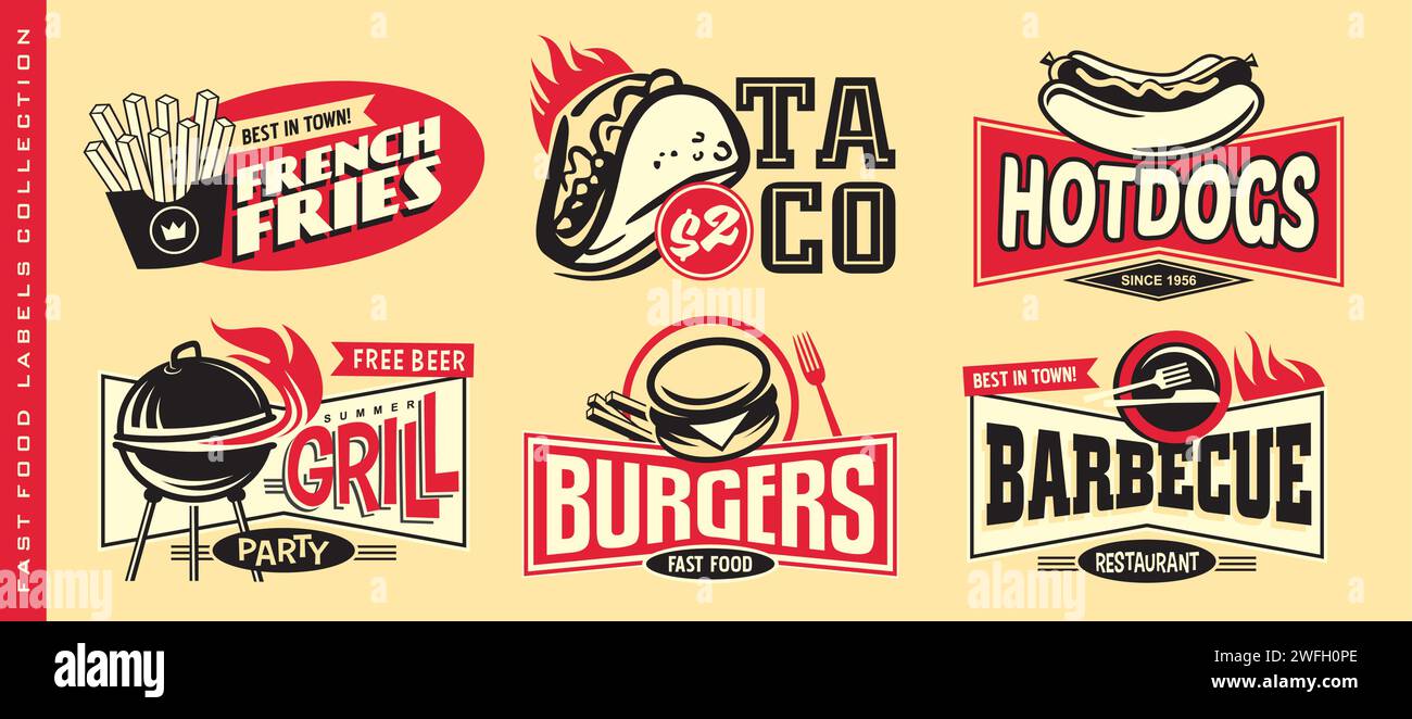 Set of fast food restaurant labels and logos. Vector burgers and hot ...