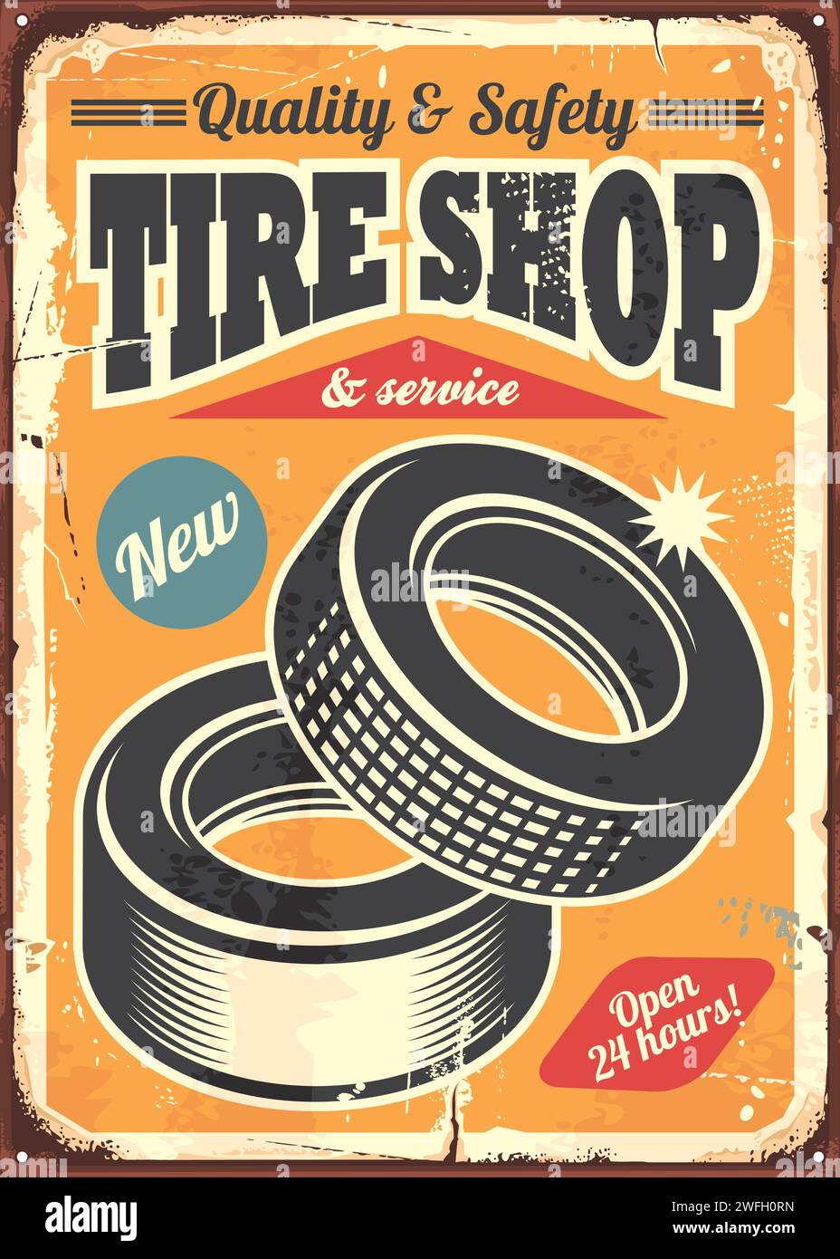 Tires vintage metal sign design on old textured background. Vector ...