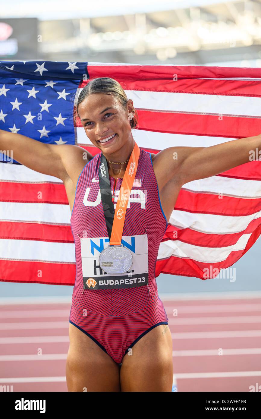 Anna HALL celebrating his medal with the flag in the Budapest 2023 ...