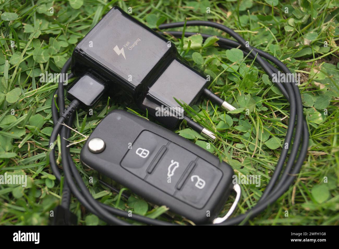 car key and charge cable in a meadow, symbol for e-mobility Stock Photo ...