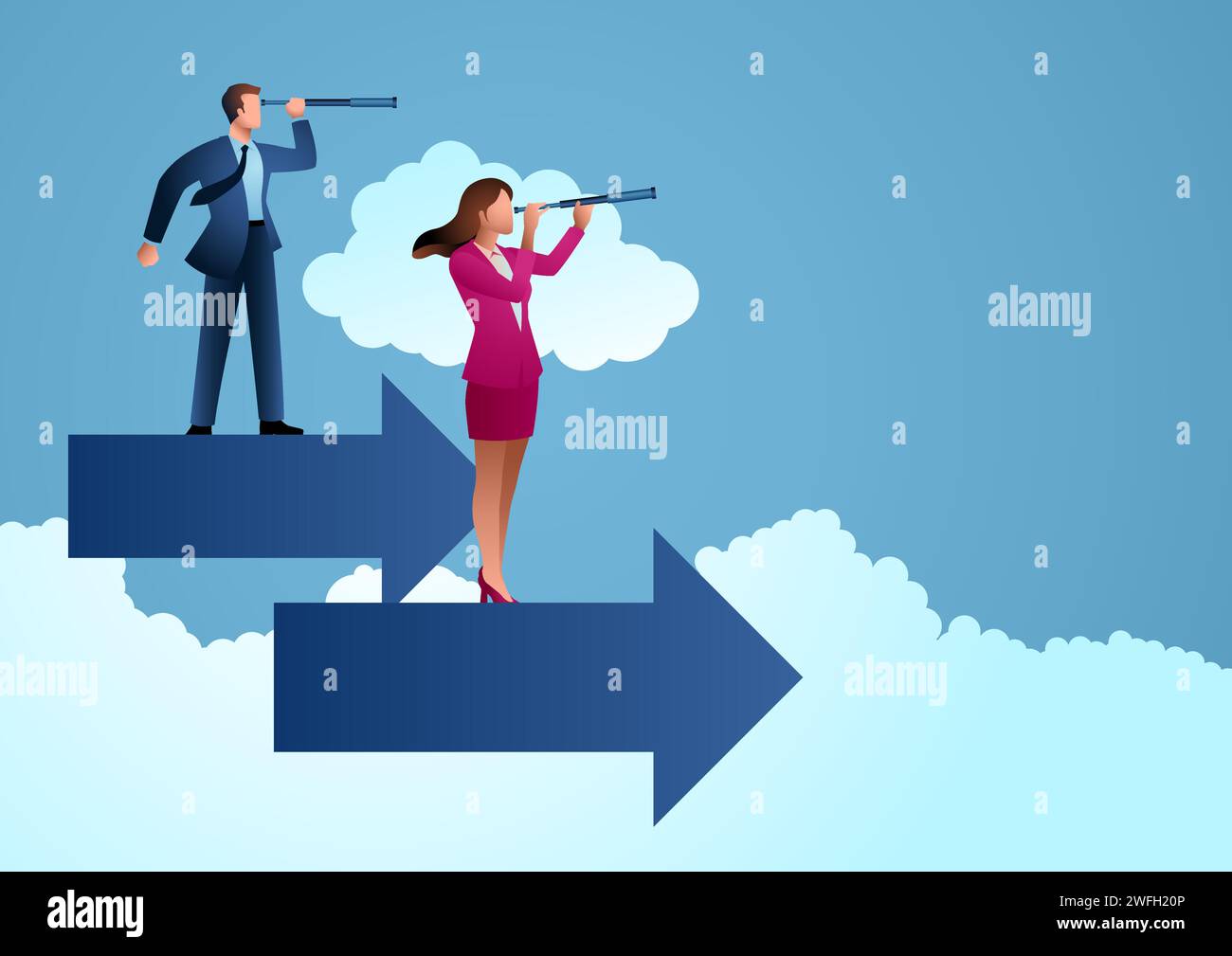 Vector illustration of businessman and businesswoman on arrow symbol ...