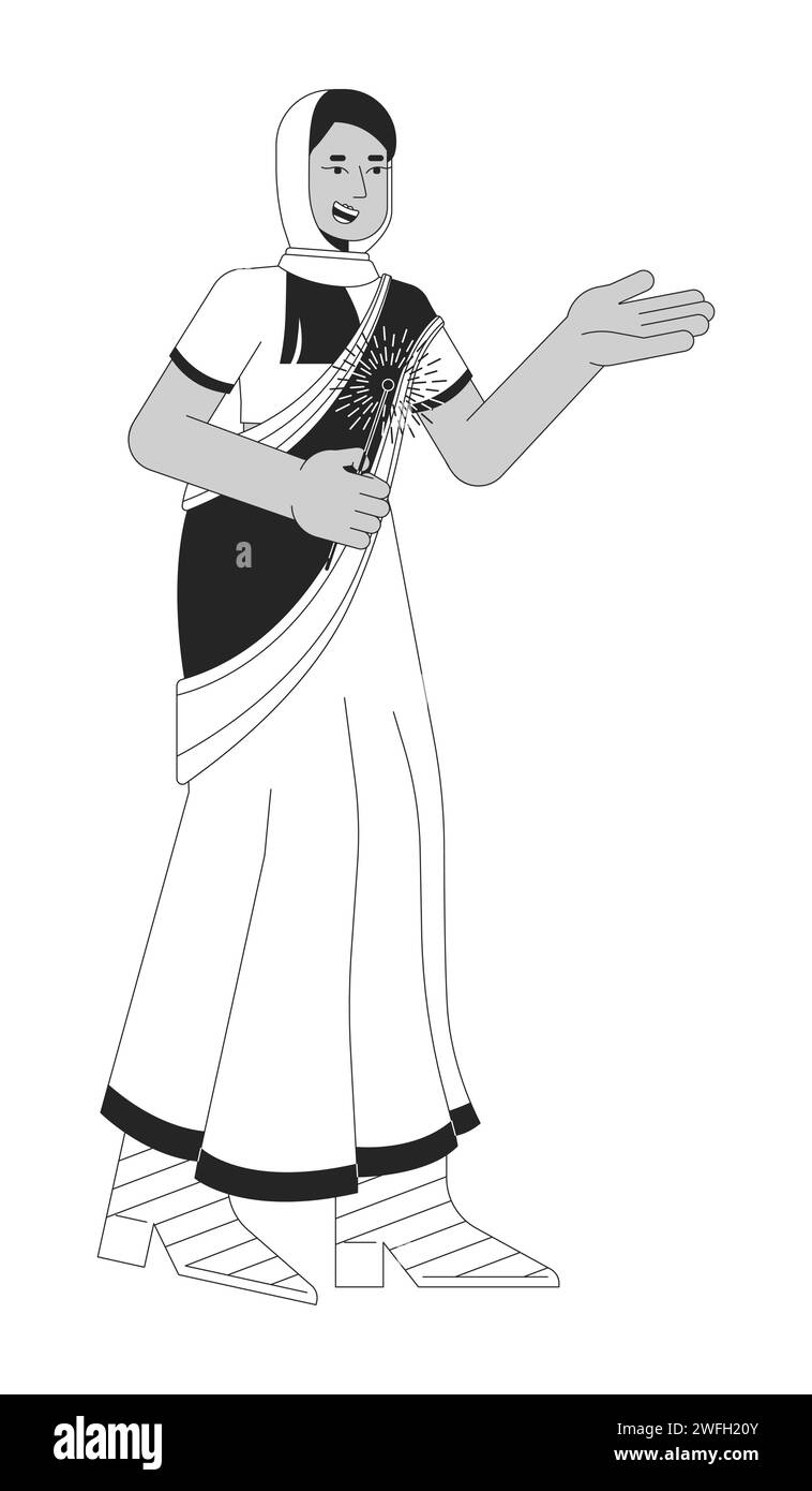 Islamic hijab smiling woman with bengal light black and white 2D line ...