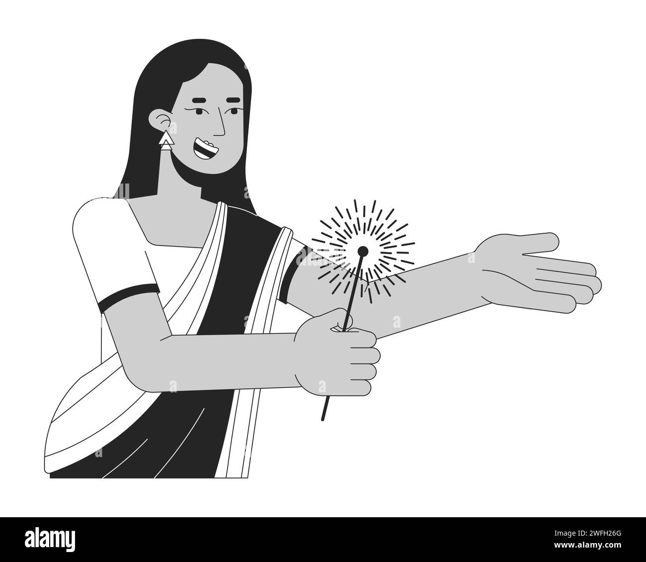 Sari Beautiful Woman Holding Sparkler Black And White 2d Line Cartoon Character Stock Vector