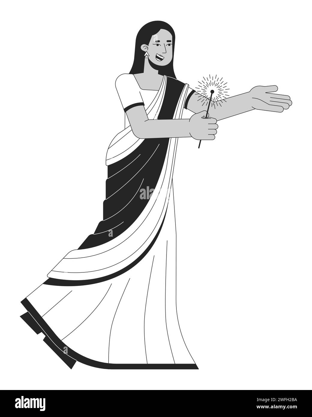 Sari wearing happy woman with bengal light black and white 2D line ...