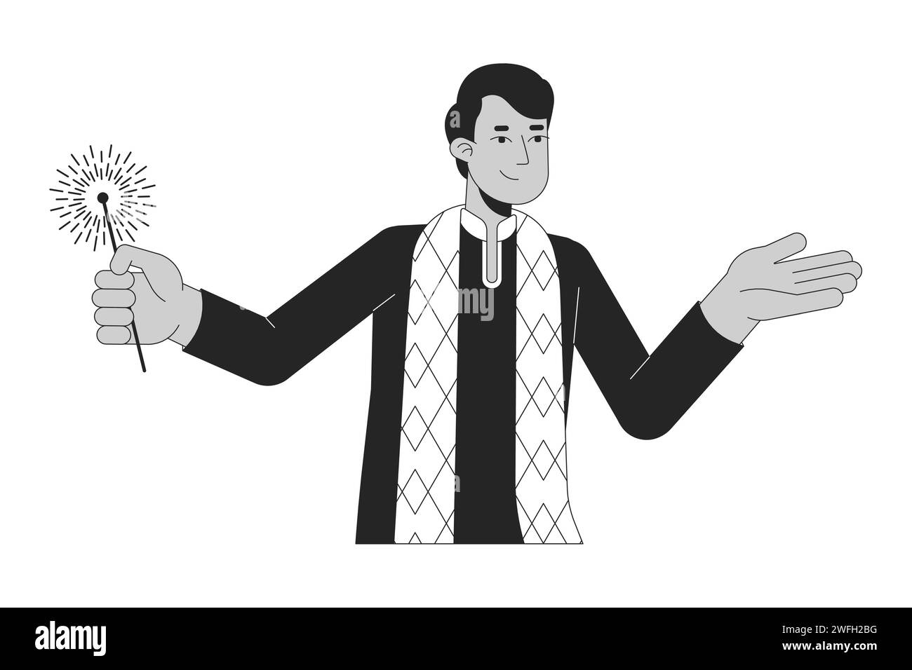 South indian dhoti man holding sparkler black and white 2D line cartoon character Stock Vector ...