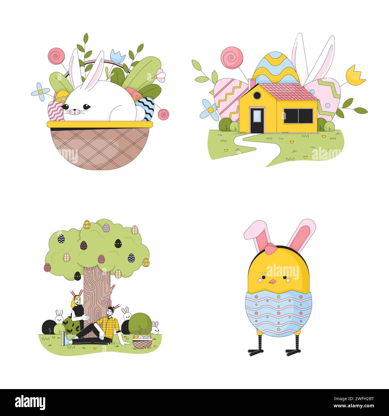 Easter-eggs festivities 2D linear illustrations concept set Stock ...