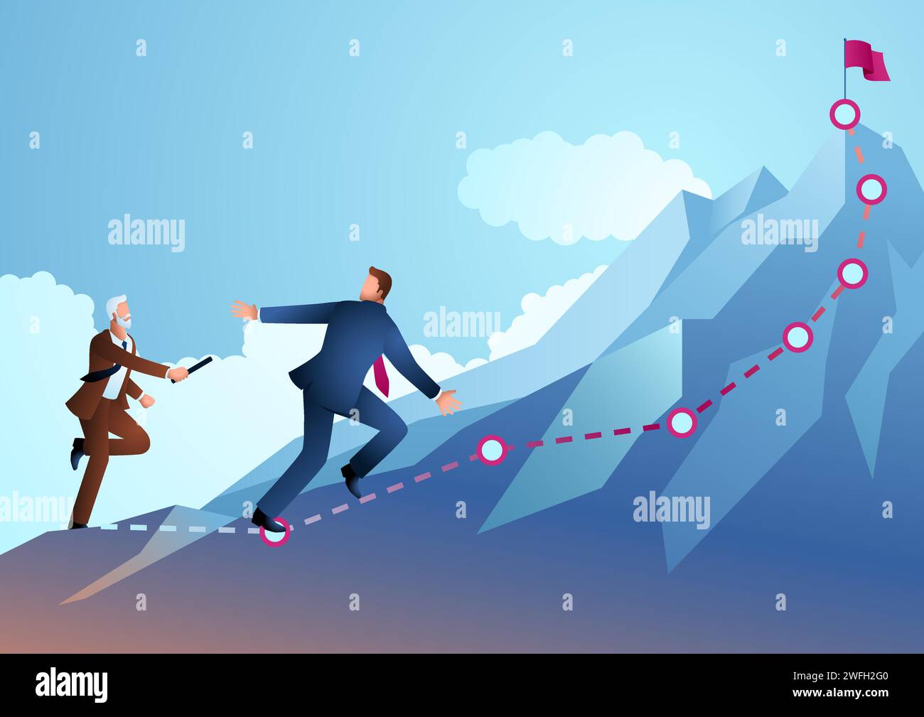 Older businessman passing the baton to younger businessman to continue ...