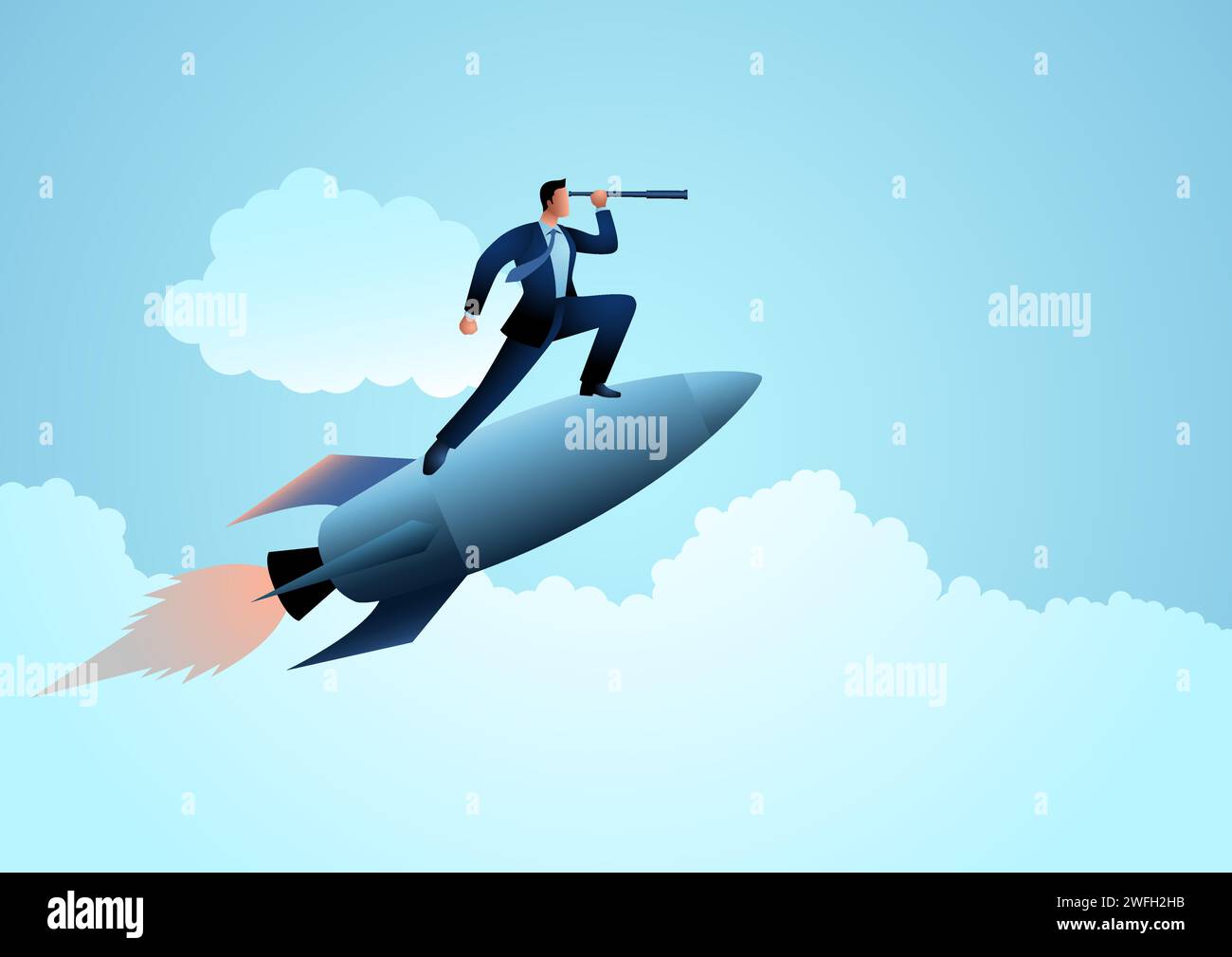 Vector illustration of a businessman on a rocket using a telescope ...