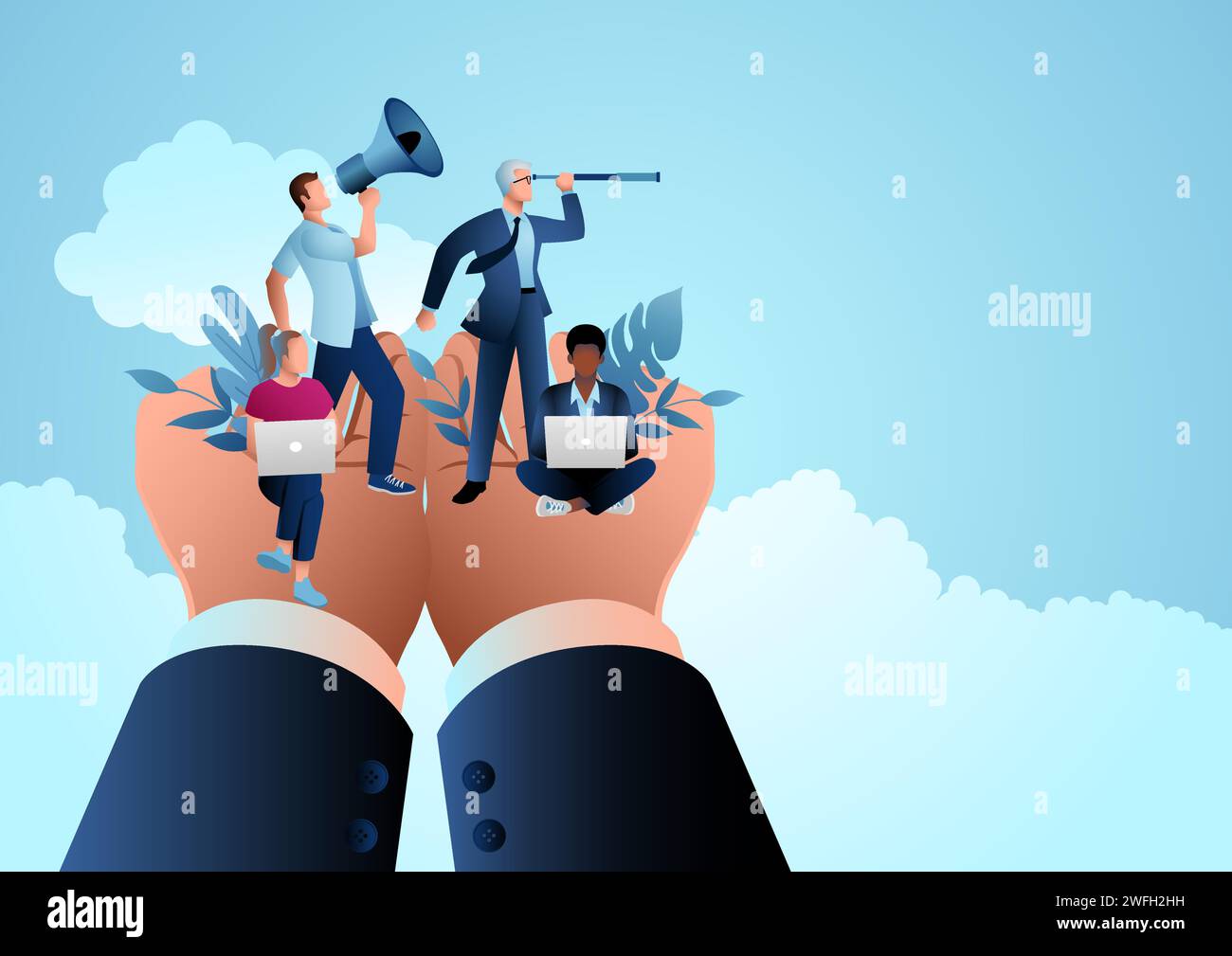 Giant hands holding a business workers, concept for emotional benefits ...