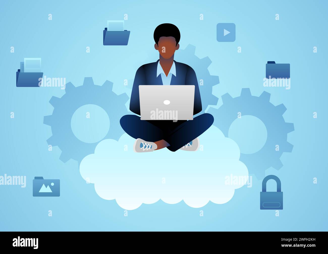 Black Man Working With Laptop On Clouds Remote Work Cloud Computing