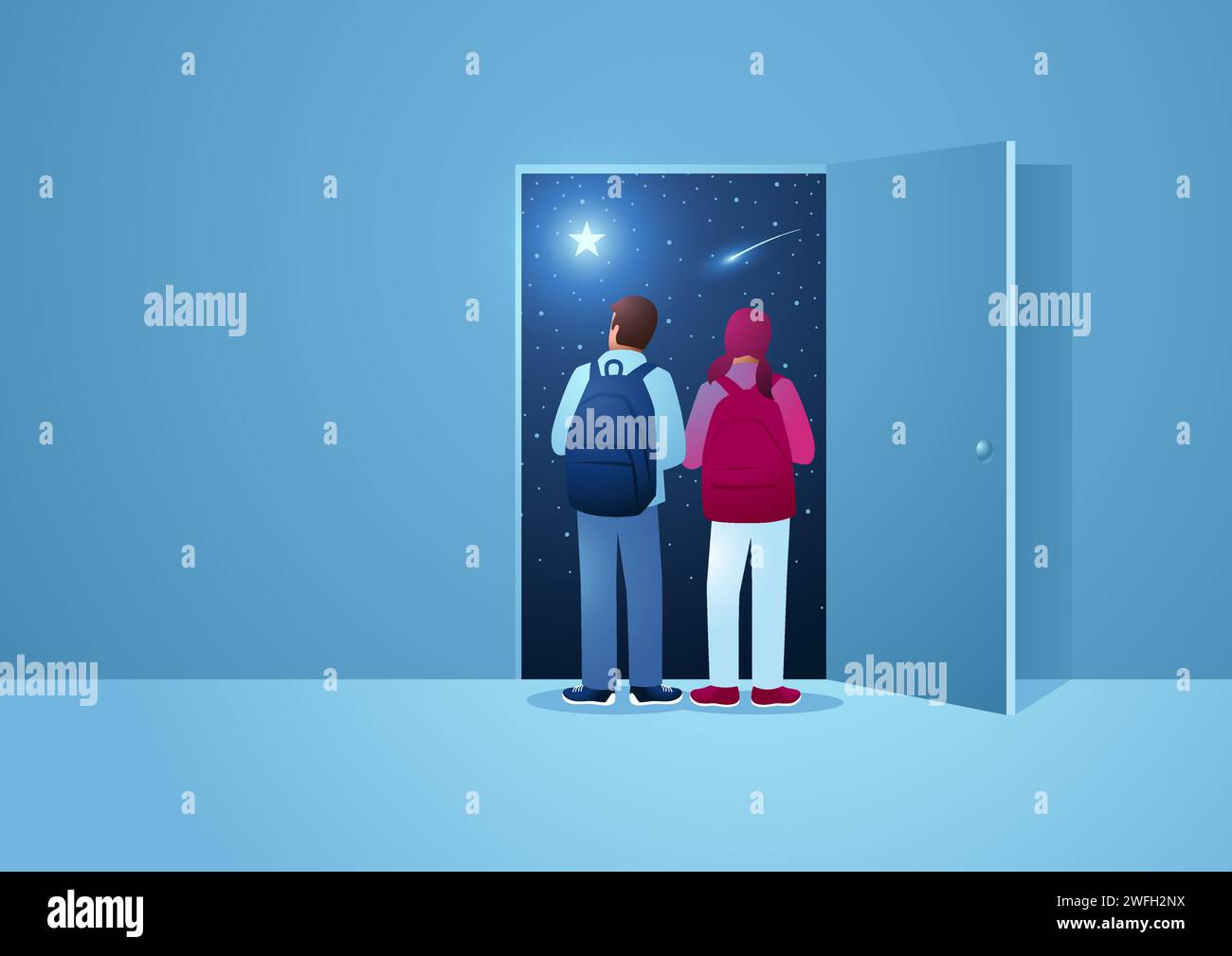 Vector illustration of two children looking through the open door to ...