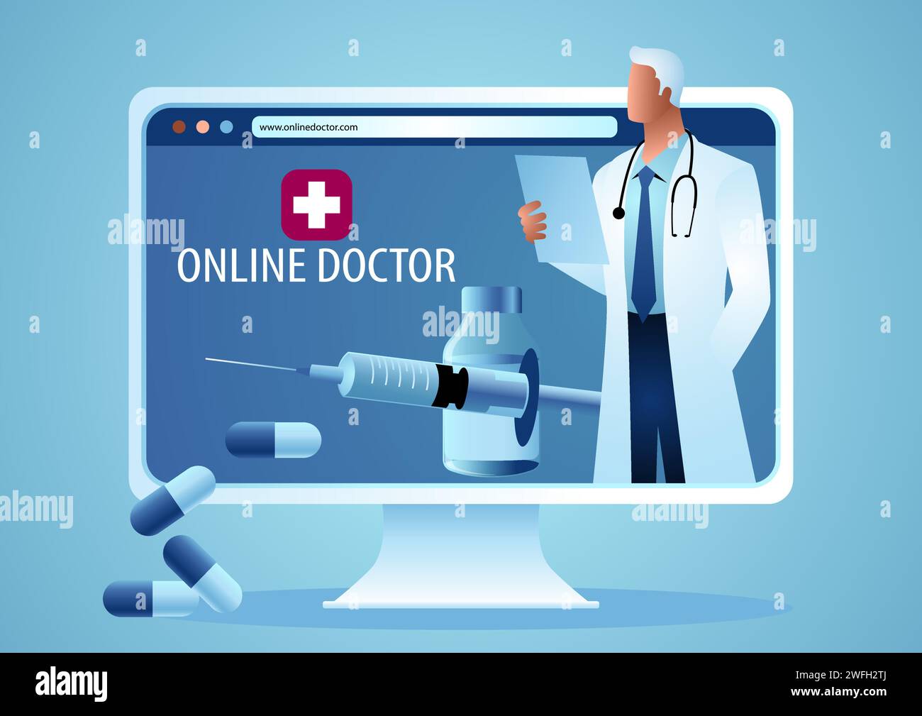 Doctor with stethoscope on computer screen, online medical support ...
