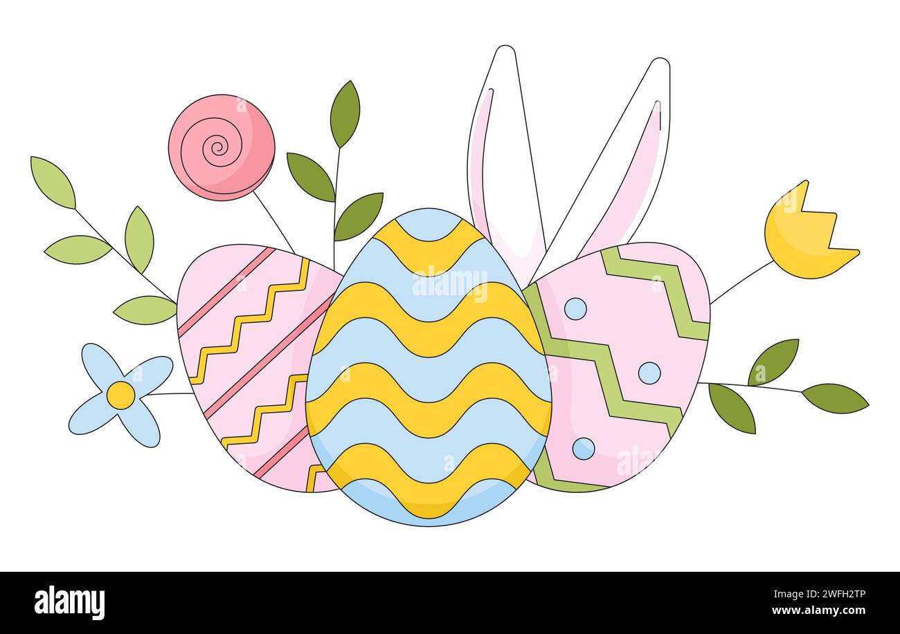 Easter eggs spring flowers 2D linear cartoon object Stock Vector Image ...
