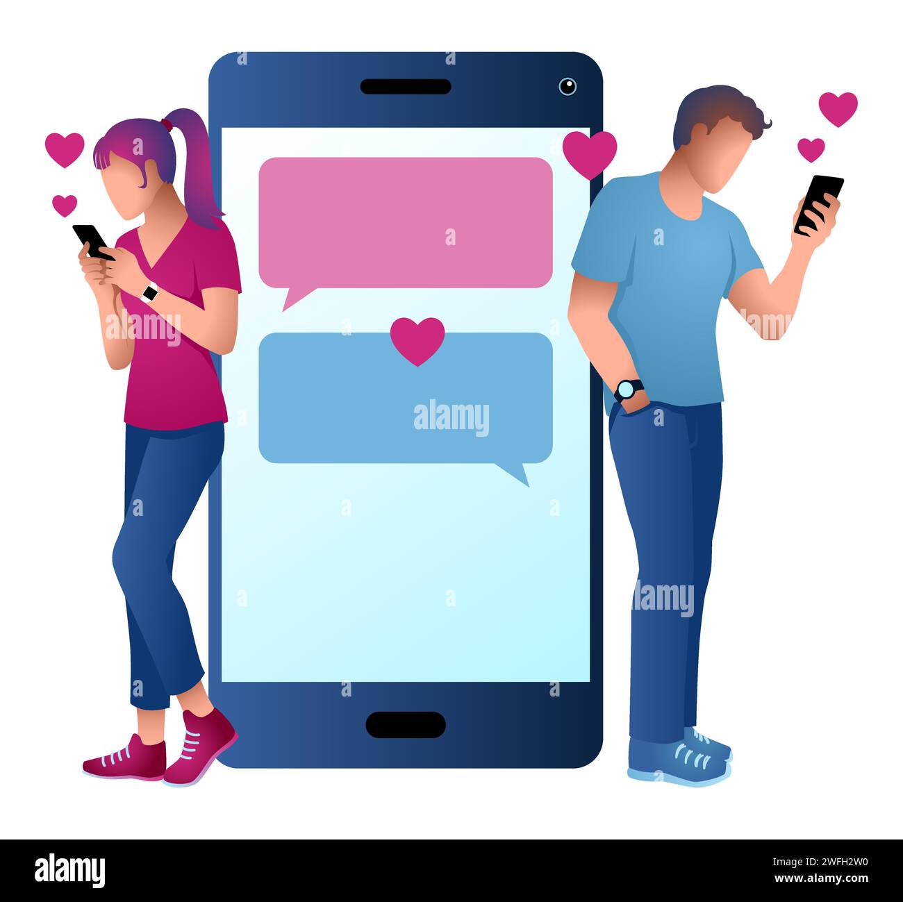Vector illustration of man and woman chatting, messaging using their ... Vector illustration of man and woman chatting, messaging using their ...