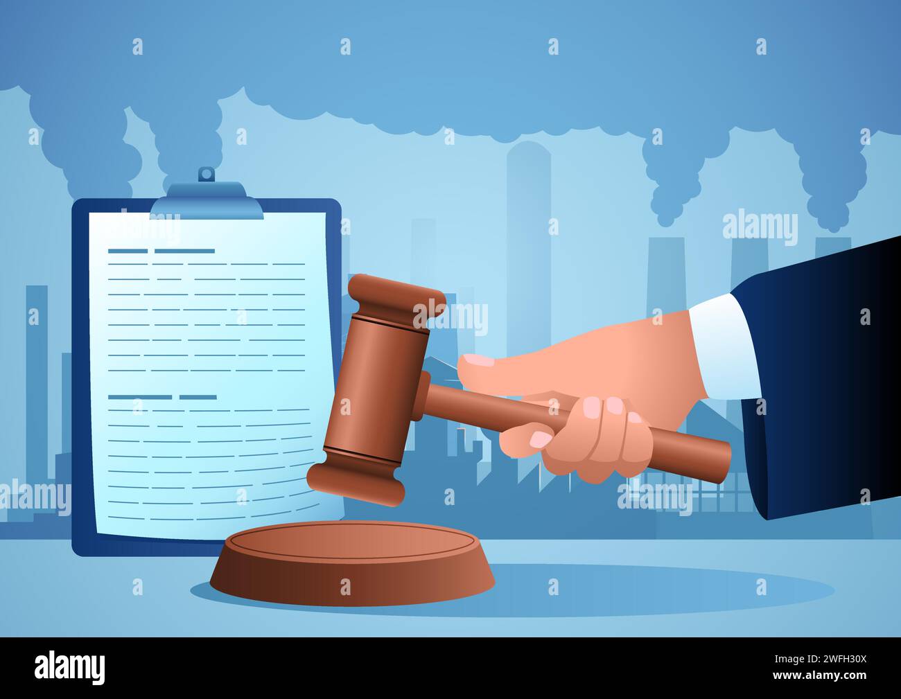 Hand holding gavel justice hammer with polluted factories on the ...