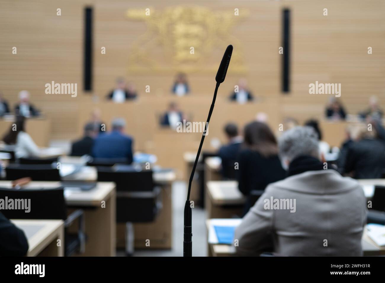 Stuttgart, Germany. 31st Jan, 2024. A microphone is used during a state ...