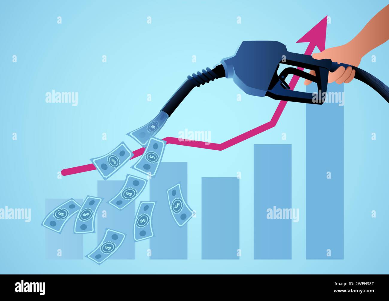 Vector illustration of a hand holding gasoline fuel nozzle pouring ...