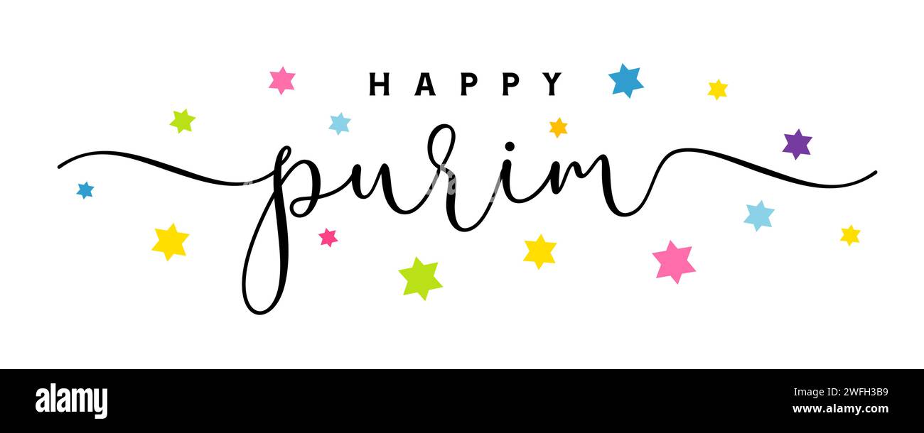 Happy Purim elegant calligraphy logo and colored stars. Chag Purim ...