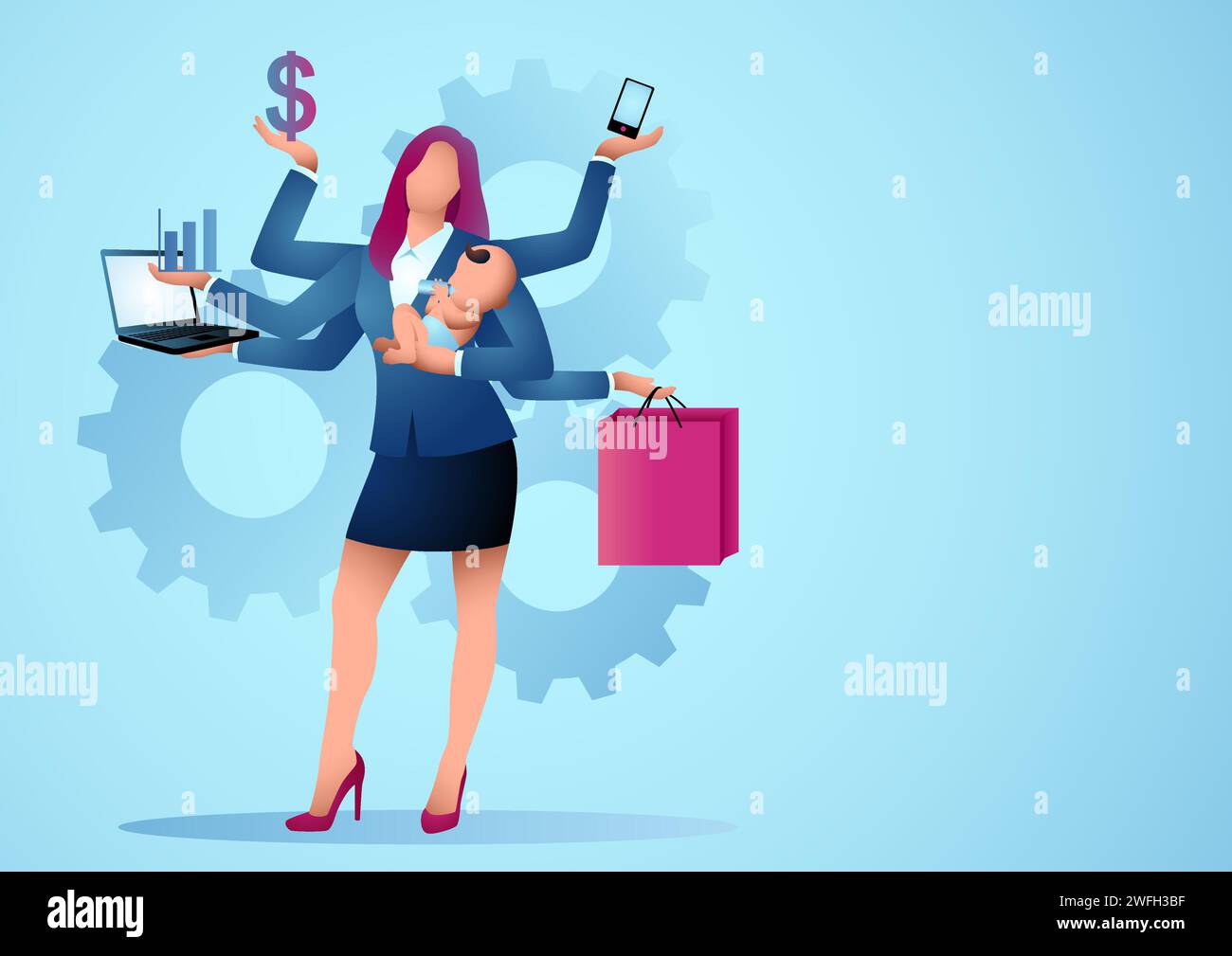 Business Concept Vector Illustration Of A Businesswoman With Many Hands