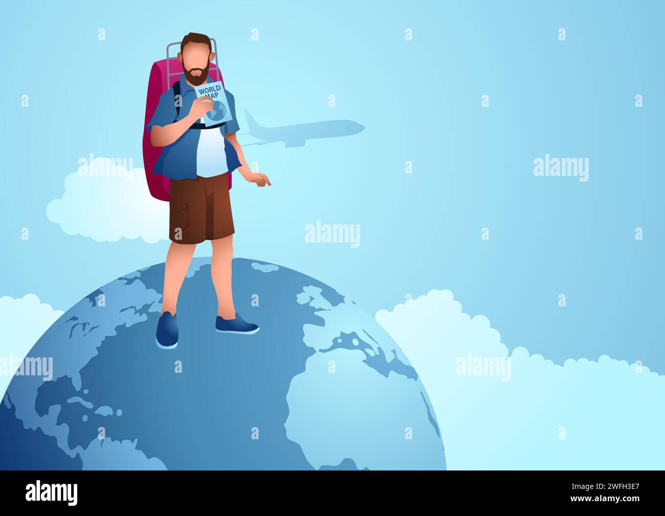 Simple flat vector illustration of a tourist standing on globe and ...