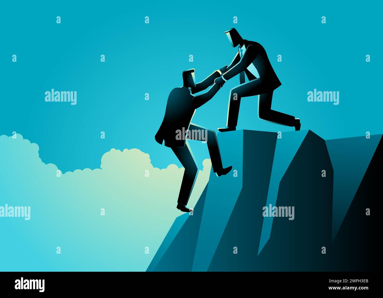 Businessmen helping his friend climbing the rock, teamwork, partnership ...