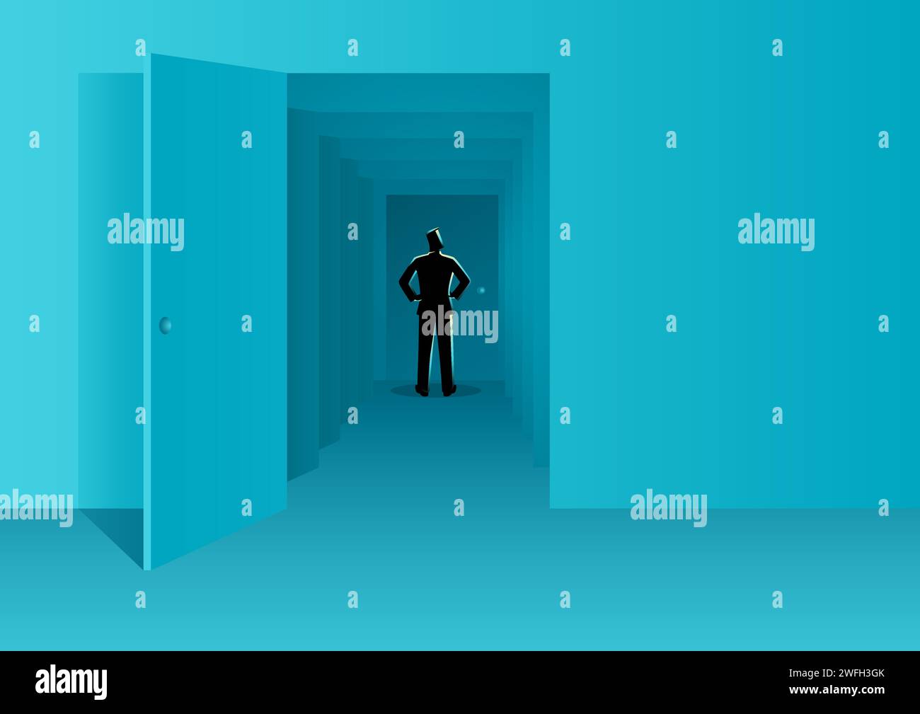 A man standing in front of the last closed door, open the knowledge ...