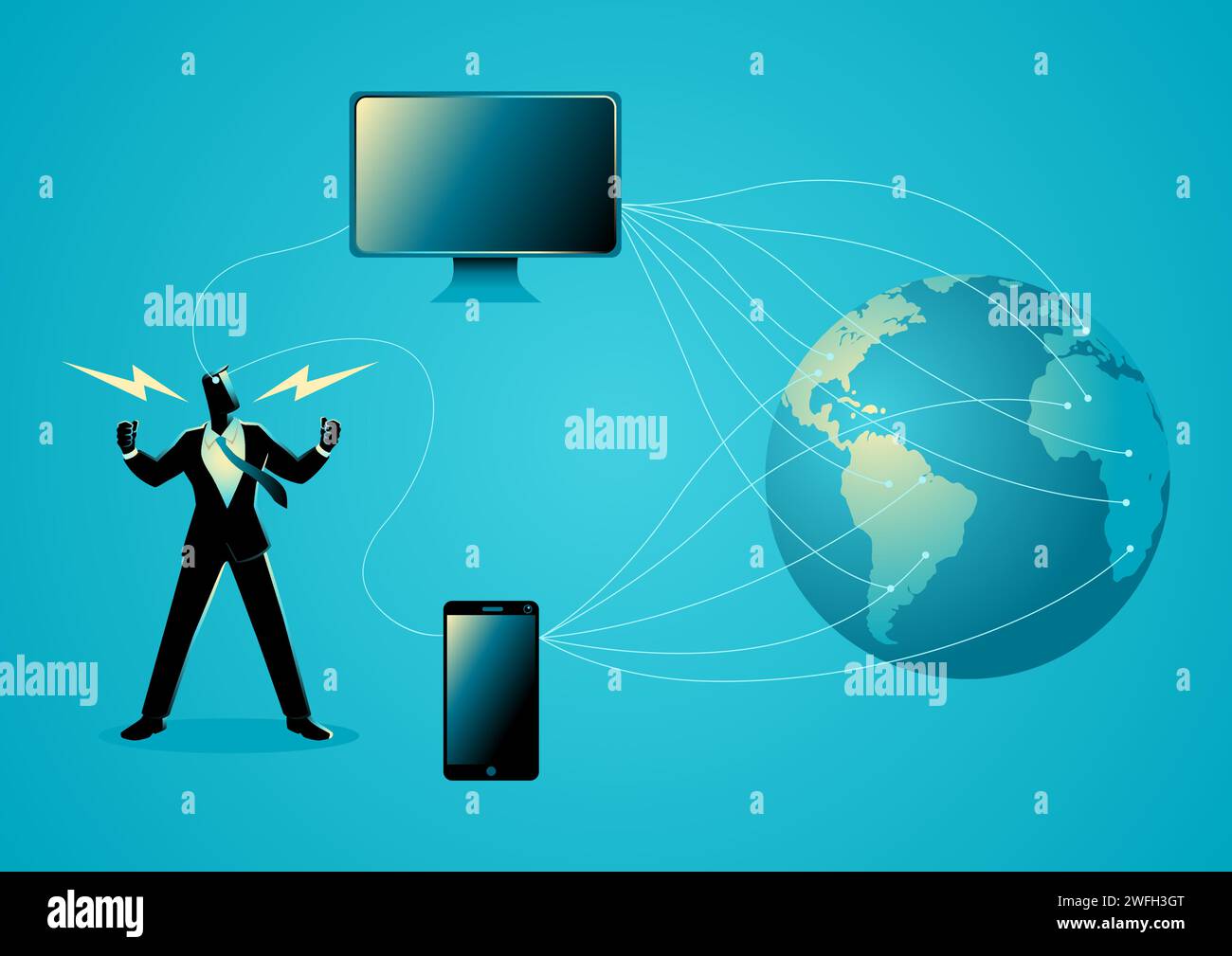 Business concept illustration of a businessman having wire connection ...