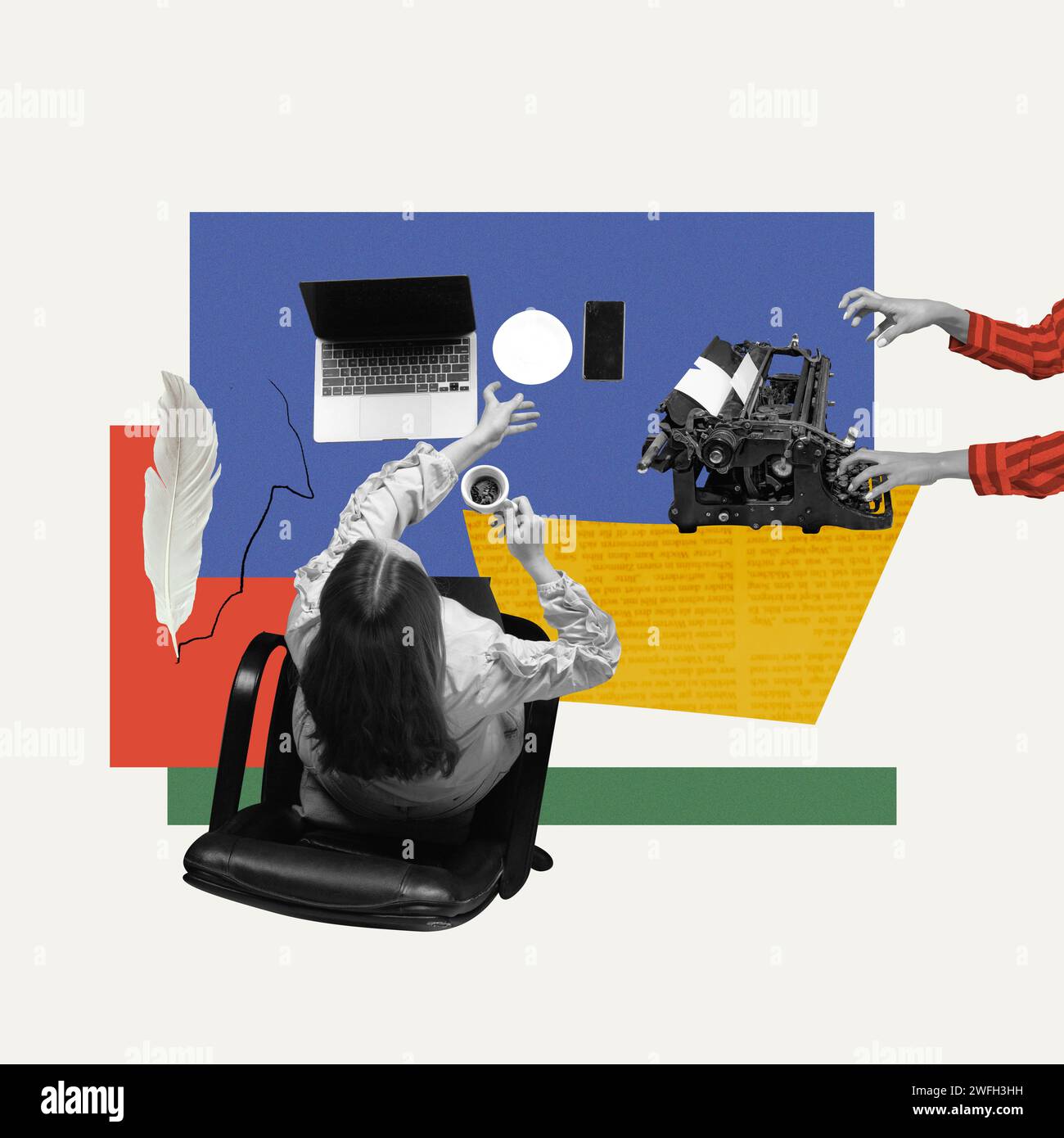 Woman, journalist sitting at table and working on new project, blog ...