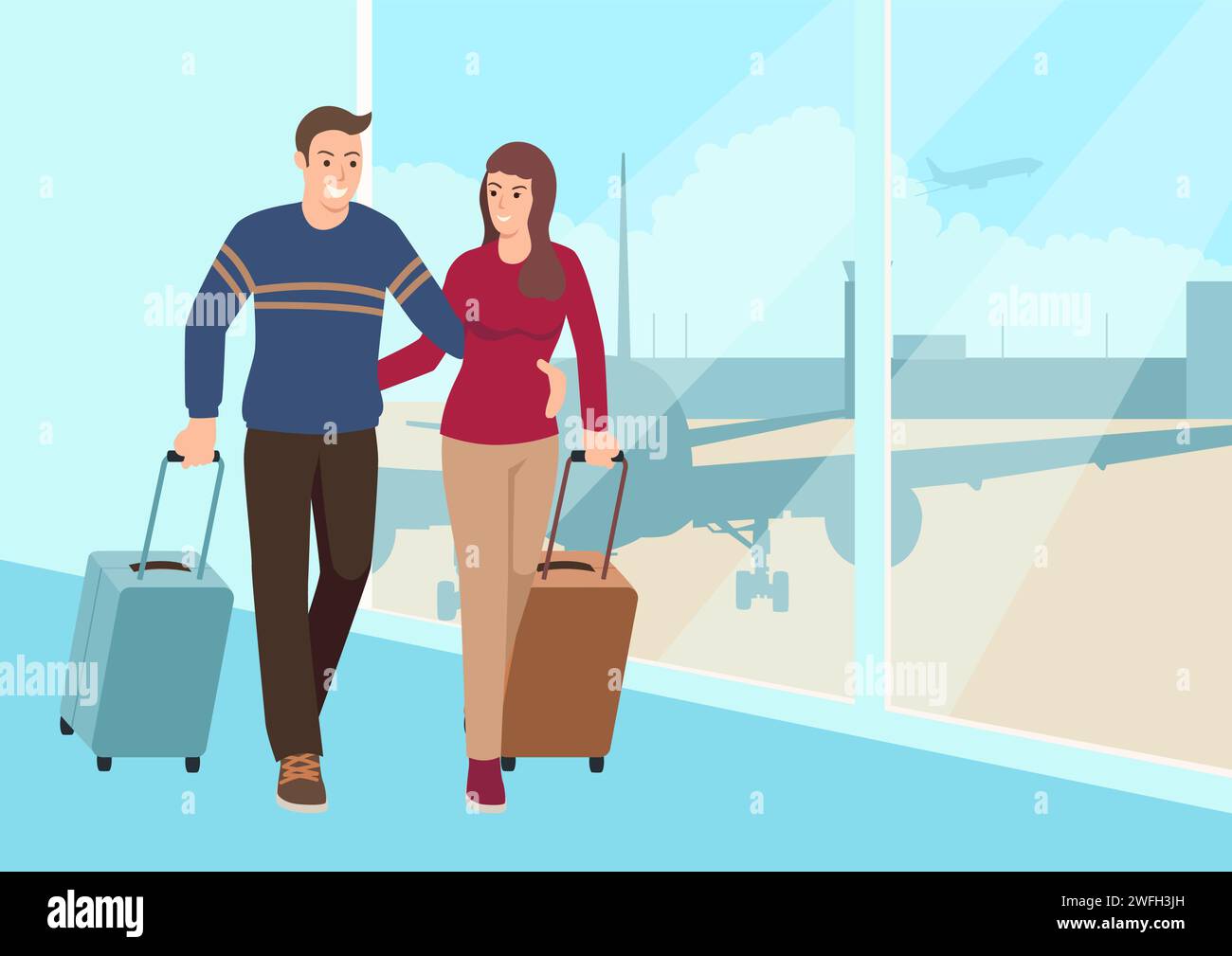 Simple flat cartoon of young couple walking with luggage at the airport ...