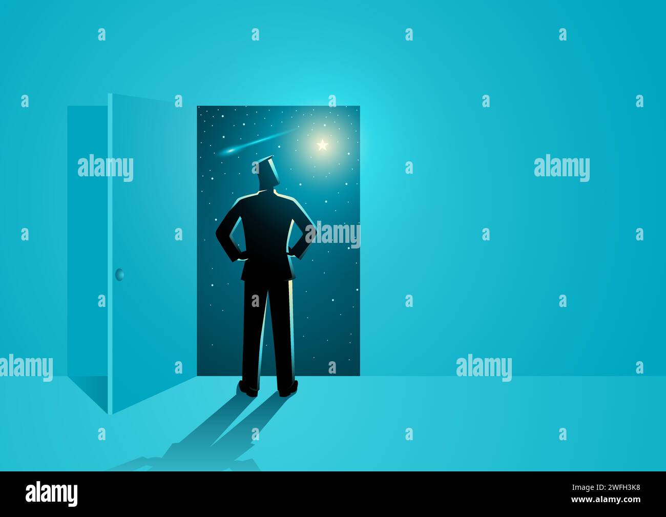 A man looking through the open door to see the vastness of outer space ...