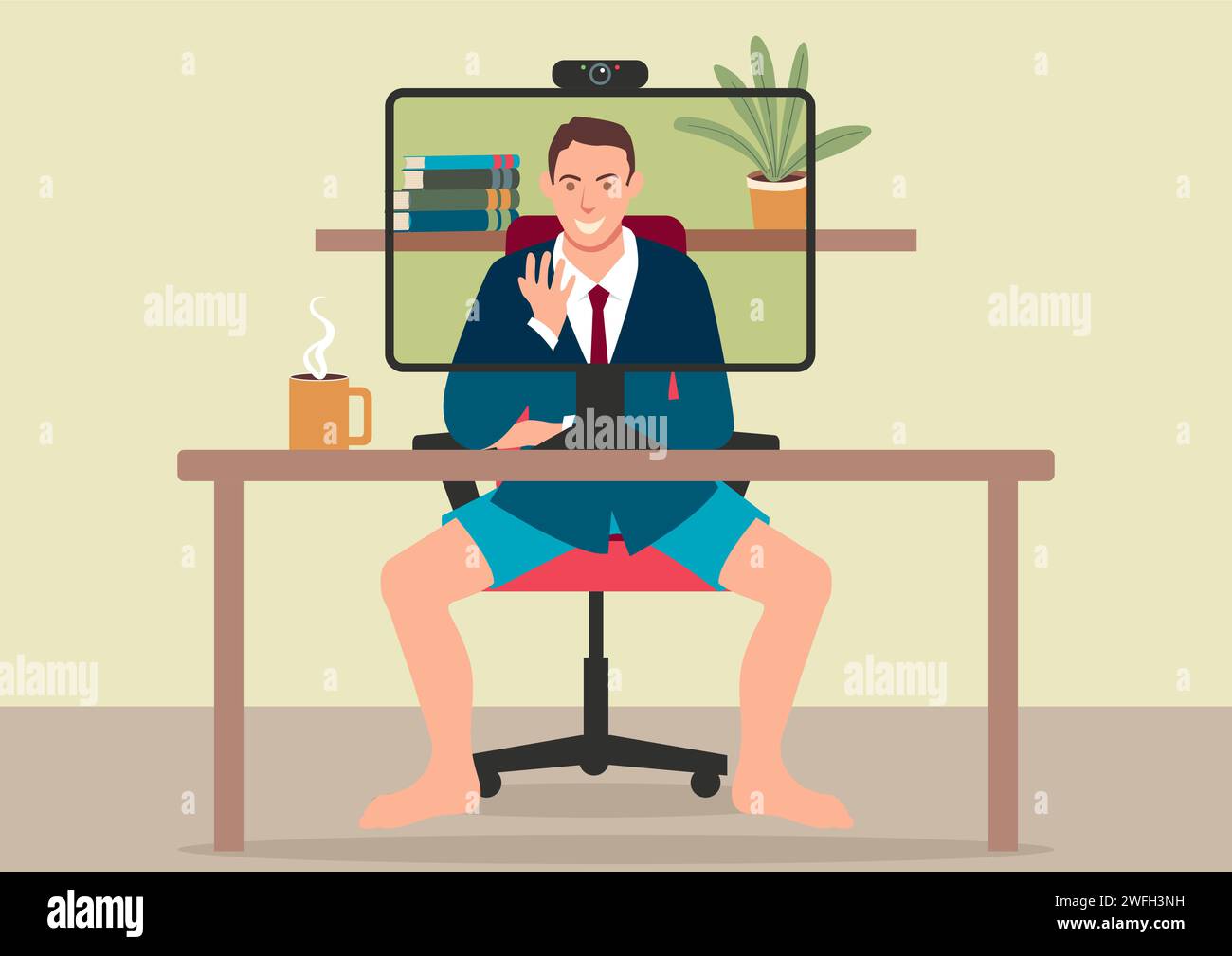 Simple flat vector illustration of a man works from home still wearing ...