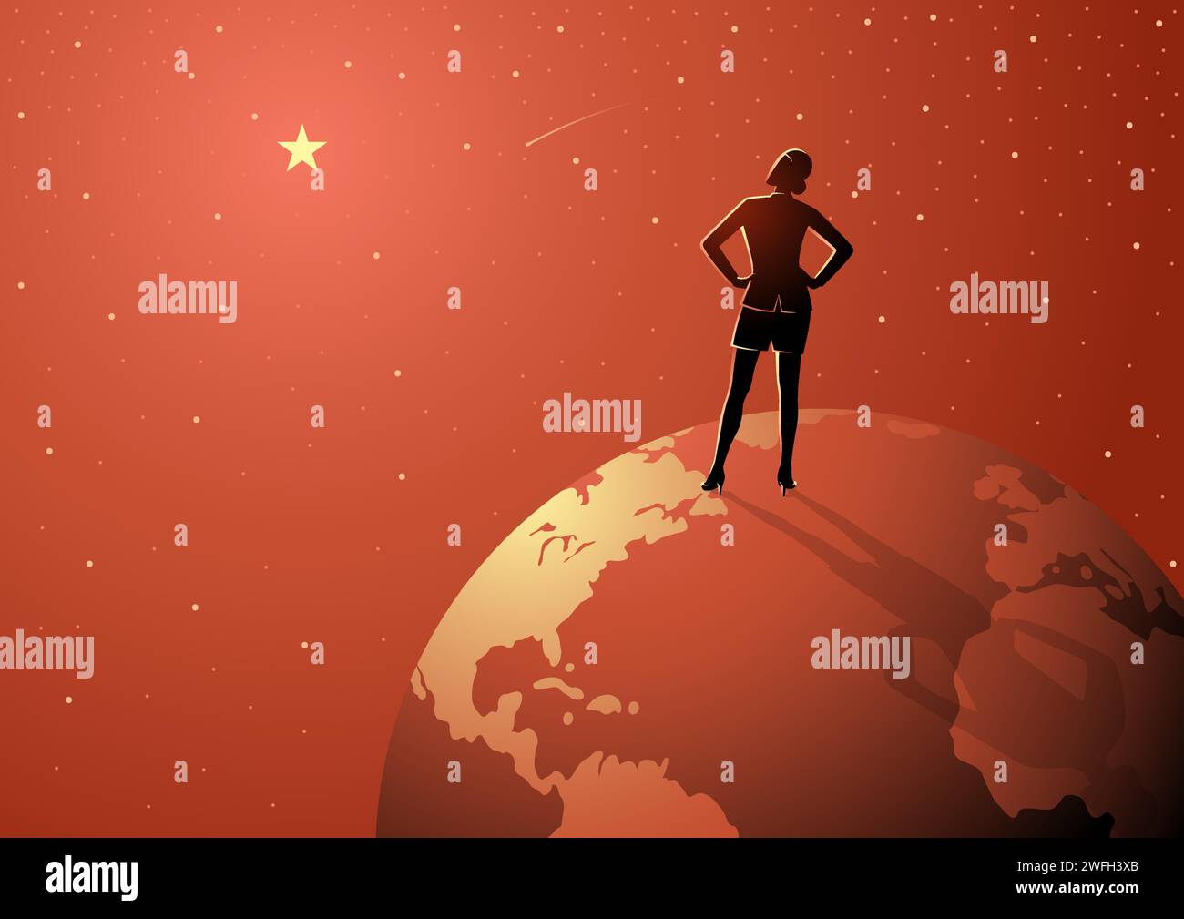 Woman stands on globe looking at the vast universe, determination ...