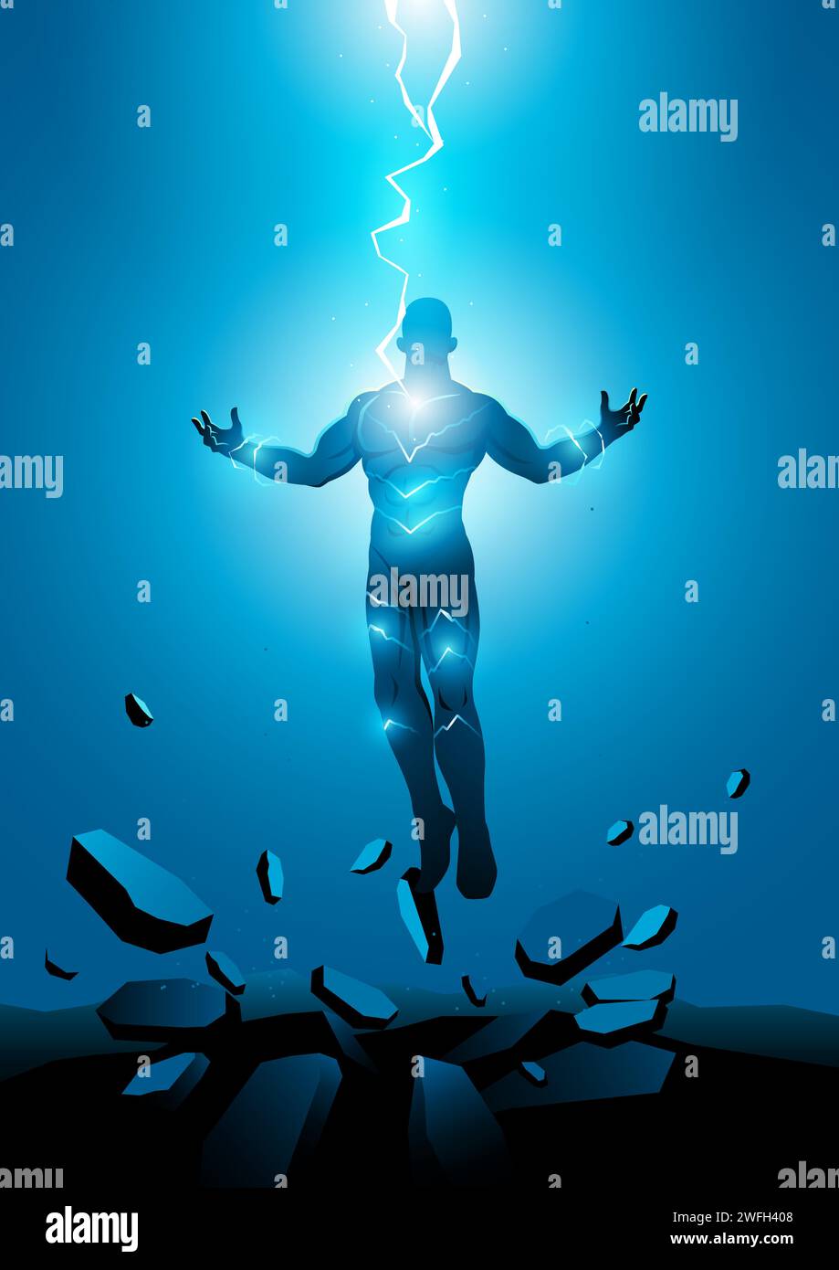 Superhero electrically charged by thunder strike, vector illustration ...