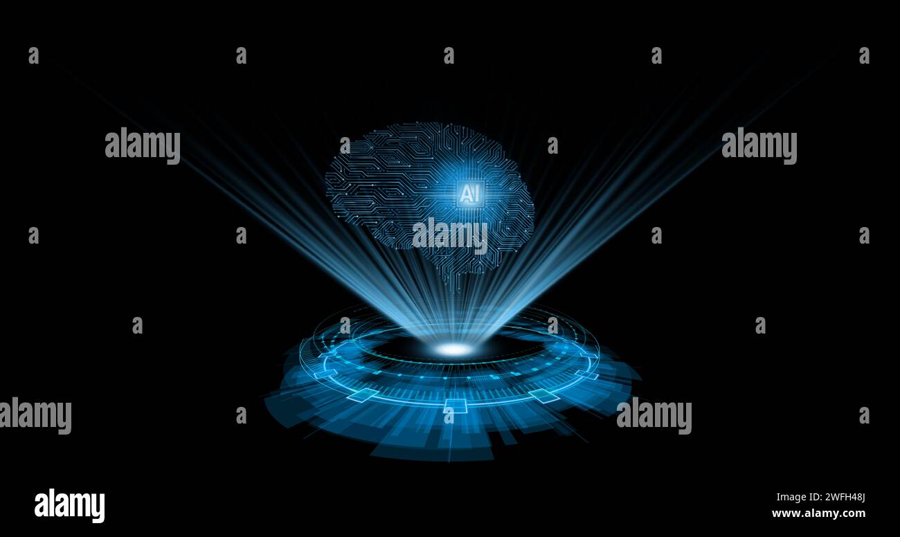 Holographic hud circle blue with spotlight and human brain circuit artificial intelligence ...