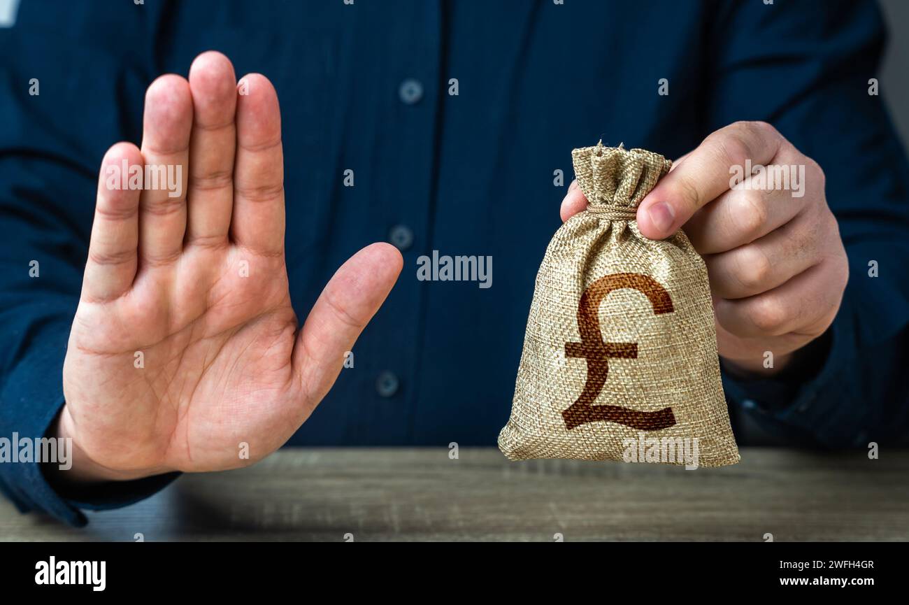 Stop gesture and british pound sterling money bag. Financial ...