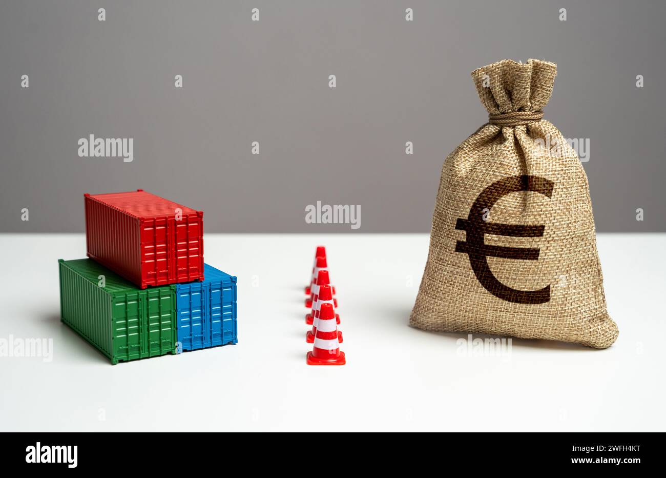 Shipping containers with goods and euro money bag are separated by a ...