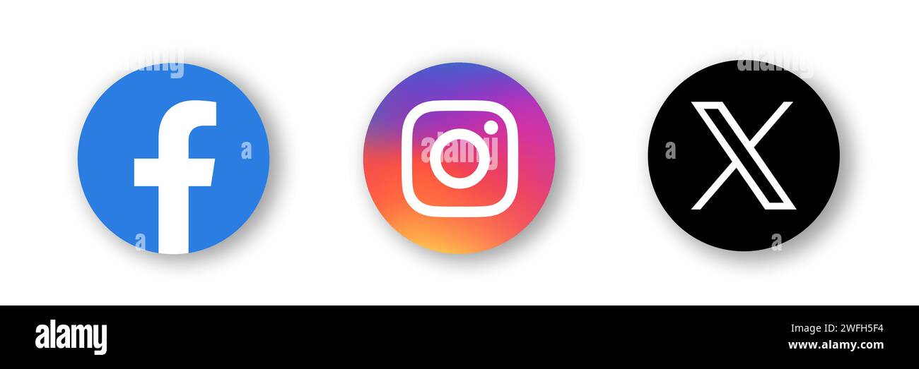 Social media app icon set. Facebook, Instagram and X, former Twitter ...