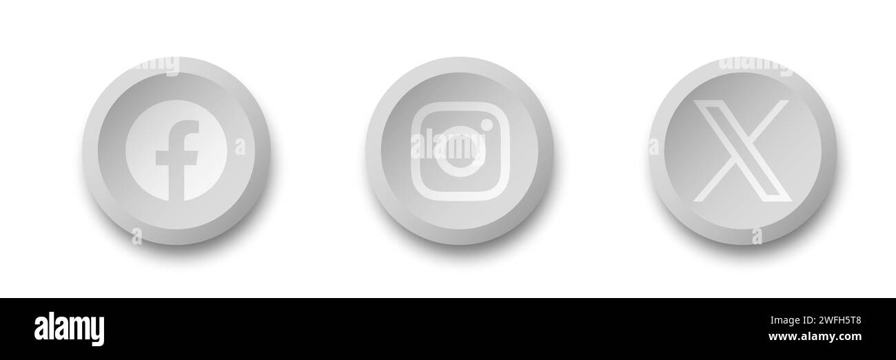 Social Media App Icon Set Facebook Instagram And X Former Twitter Circle Shaded Button With