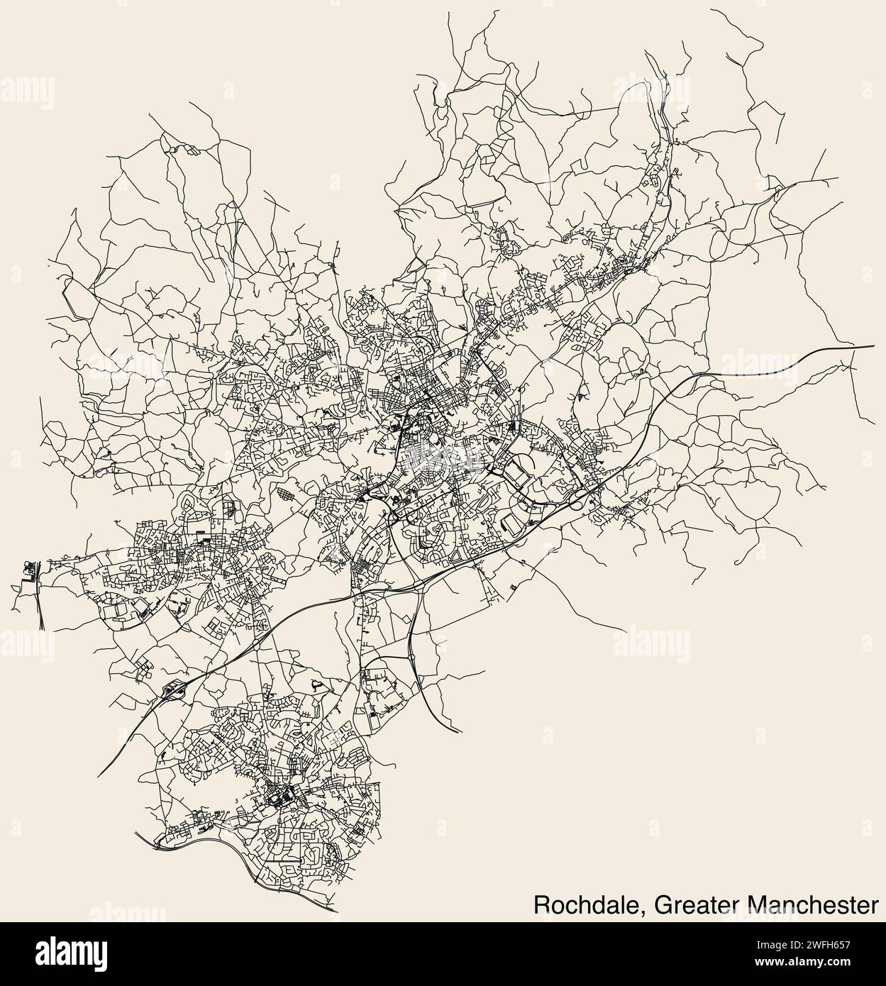 Street roads map of the METROPOLITAN BOROUGH OF ROCHDALE, GREATER ...