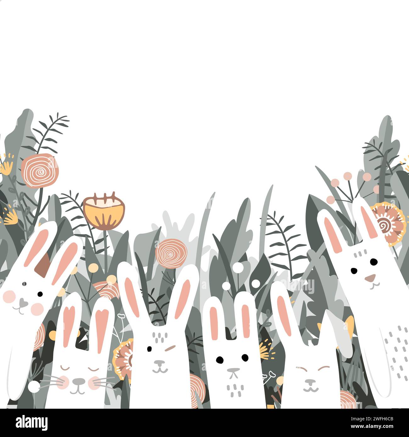 Cute rabbits looking out of the grass. Funny Easter bunny vector ...