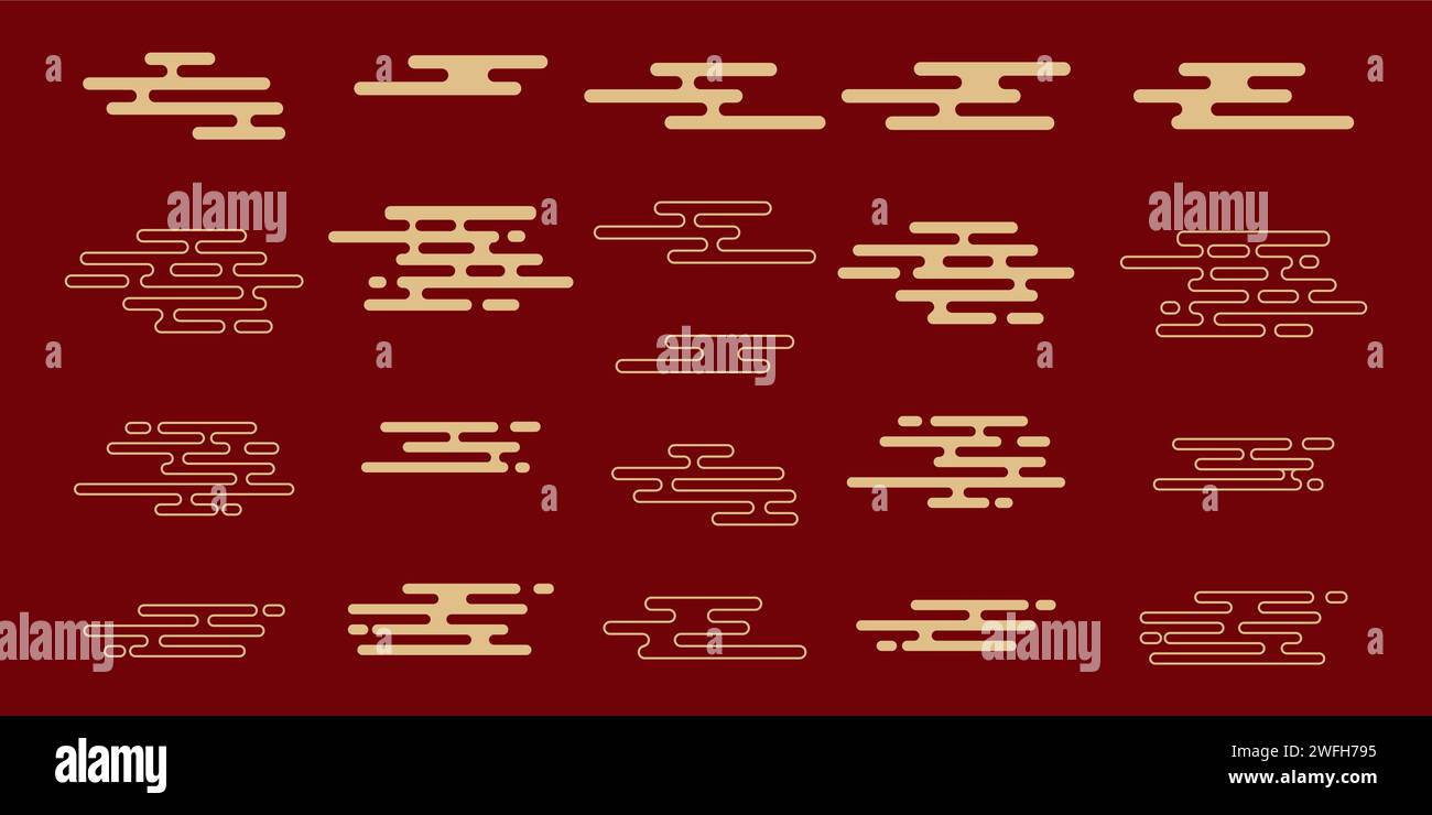 Asian gold cloud set, traditional abstract collection isolated on red ...