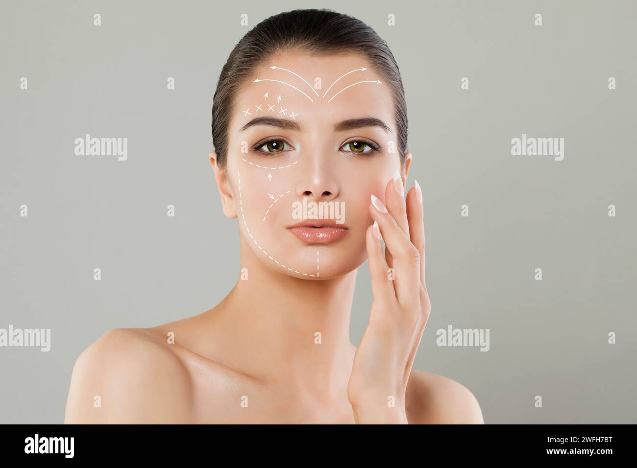 Pretty woman. Face lift anti-aging lines on young female face. Graphic ...