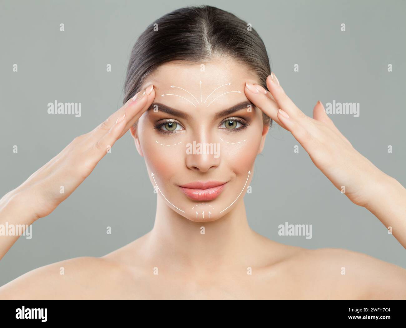 Perfect young adult woman. Graphic lines showing facial lifting effect ...