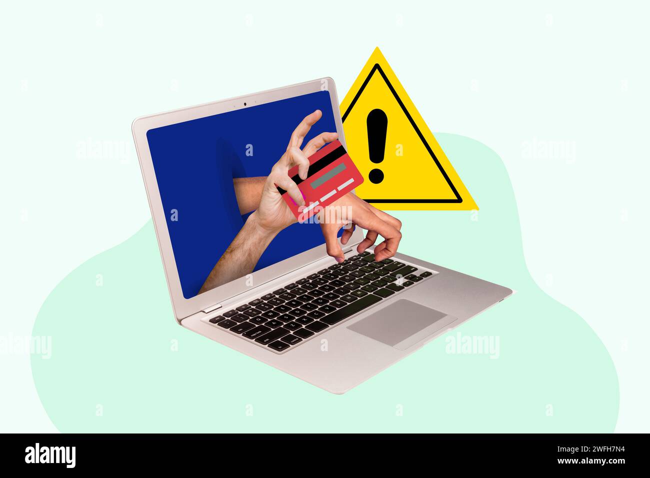 Photo collage picture laptop computer screen human hand credit card ...