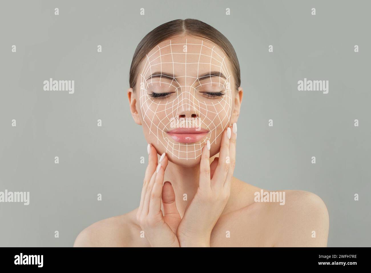 Nice woman. Face lift anti-aging lines on young female face. Graphic ...