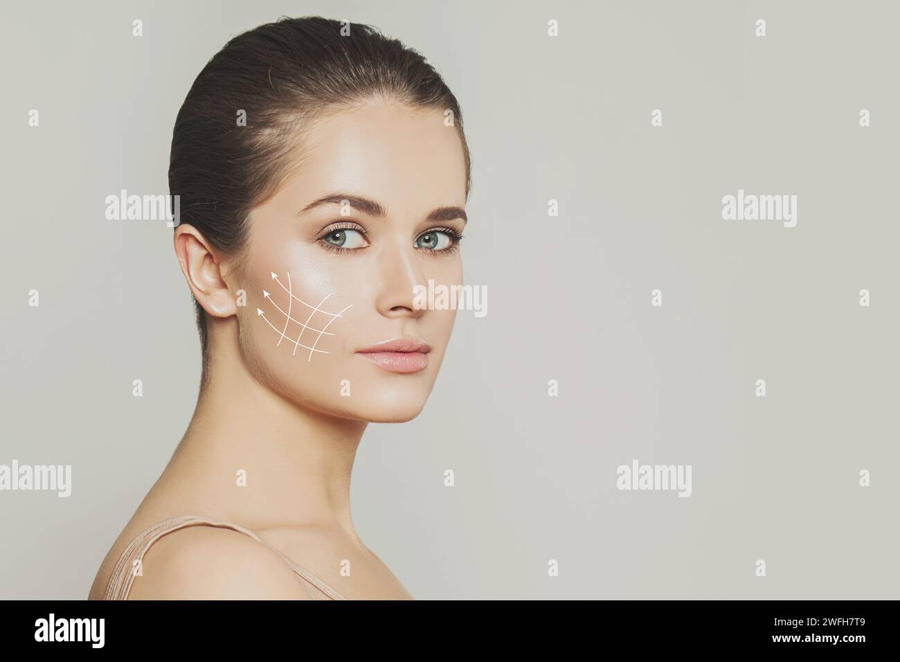 Elegant woman. Face lift anti-aging lines on young female face. Graphic ...