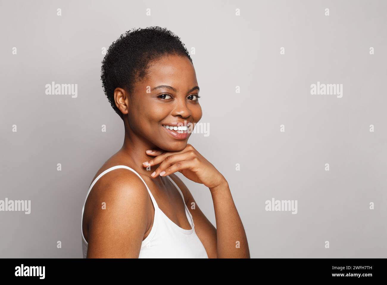 Attractive African American female model with healthy fresh clear dark ...